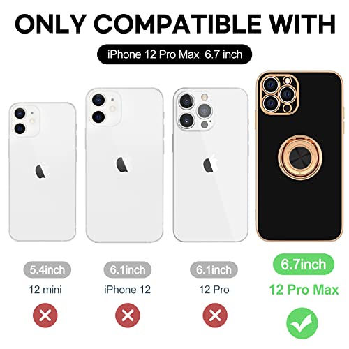 Hython Case for iPhone 12 Pro Max Case with Ring Stand [360° Rotatable Ring Holder Magnetic Kickstand] [Soft Microfiber Lining] Plating Rose Gold Edge Shockproof Protective Phone Cases Cover, Black