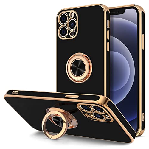 Hython Case for iPhone 12 Pro Max Case with Ring Stand [360° Rotatable Ring Holder Magnetic Kickstand] [Soft Microfiber Lining] Plating Rose Gold Edge Shockproof Protective Phone Cases Cover, Black