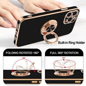 Hython Case for iPhone 12 Pro Max Case with Ring Stand [360° Rotatable Ring Holder Magnetic Kickstand] [Soft Microfiber Lining] Plating Rose Gold Edge Shockproof Protective Phone Cases Cover, Black