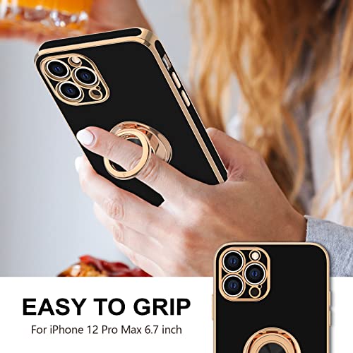 Hython Case for iPhone 12 Pro Max Case with Ring Stand [360° Rotatable Ring Holder Magnetic Kickstand] [Soft Microfiber Lining] Plating Rose Gold Edge Shockproof Protective Phone Cases Cover, Black