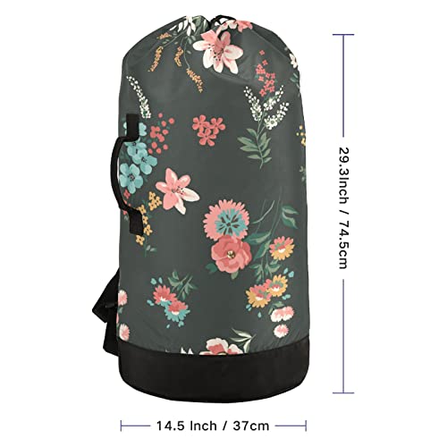 Floral Pattern Laundry Backpack with Adjustable Shoulder Straps Heavy Duty Dirty Clothes Organizer Drawstring Closure Laundry Bag for College Dorm Travel Camp