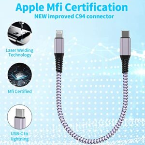 [Apple MFi Certified] Short USB-C to Lightning Cable (2Pack 8Inch), TypeC to Lightning Fast Charger Nylon Braided Fast Data Syncing Cable for iPhone/iPad/Airpods/PowerBank/ChargingStation Silver&White