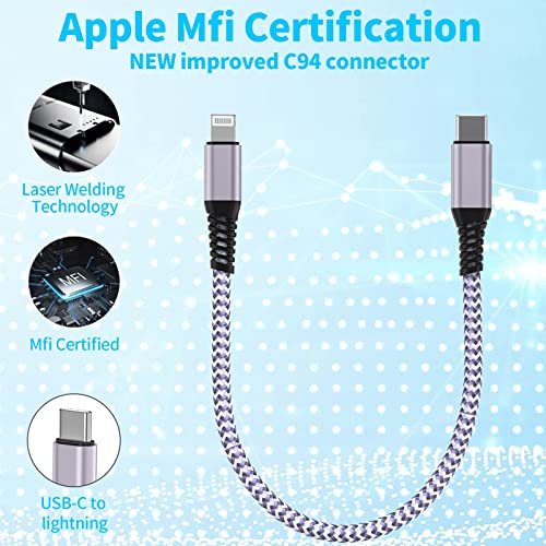 [Apple MFi Certified] Short USB-C to Lightning Cable (2Pack 8Inch), TypeC to Lightning Fast Charger Nylon Braided Fast Data Syncing Cable for iPhone/iPad/Airpods/PowerBank/ChargingStation Silver&White