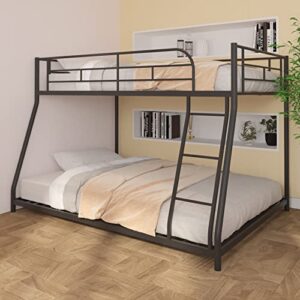 majnesvon metal floor bunk bed, twin over full low bunk bed, heavy duty frame with sloping ladder and safety guardrails for teens adults, no box spring needed,easy assembly (black)