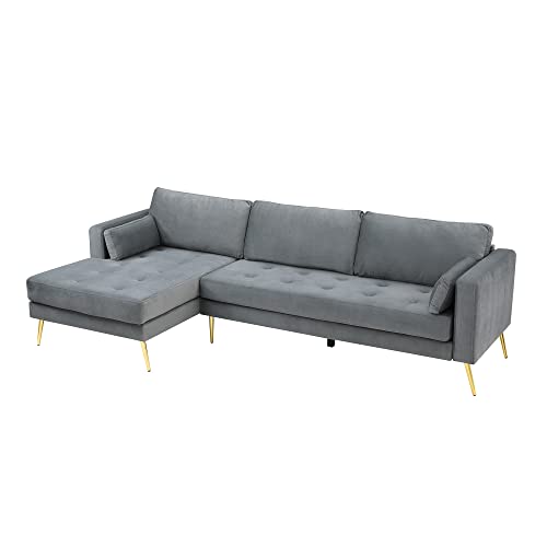 P PURLOVE Sectional Sofa Couch, L-Shape Upholstered Couch with Two Grey Pillows(Not Include White Pillows) for Living Room Home Furniture, Grey