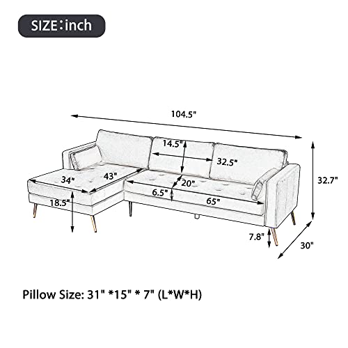 P PURLOVE Sectional Sofa Couch, L-Shape Upholstered Couch with Two Grey Pillows(Not Include White Pillows) for Living Room Home Furniture, Grey