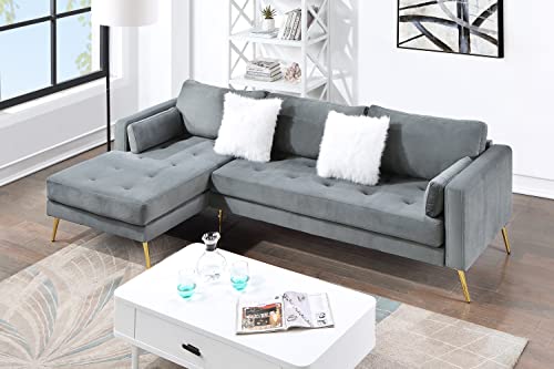 P PURLOVE Sectional Sofa Couch, L-Shape Upholstered Couch with Two Grey Pillows(Not Include White Pillows) for Living Room Home Furniture, Grey