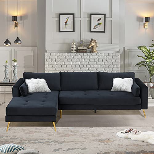 P PURLOVE Sectional Sofa Couch, L-Shape Upholstered Couch with Two Pillows for Living Room Home Furniture, Black