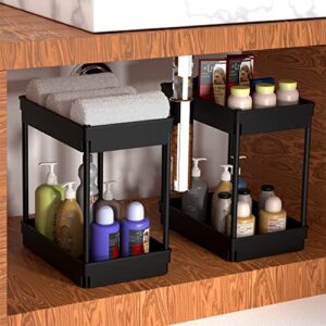 under sink organizers and storage, 2 Pack bathroom counter organizer and storage under sink 2 Tier under kitchen sink organizers with Wheels and Hooks, Multipurpose bathroom sink cabinet organizer