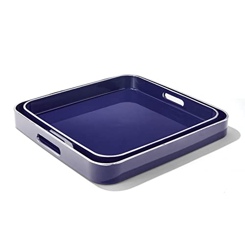 Trina Turk Set of 2 Navy Square Melamine Serving Tray with Silver Rim and Handles- Indoor & Outdoor Platter for Home Entertaining, Cocktail Hour, Snacks, Barware, Perfume (Large 14x14, Small 13x13)