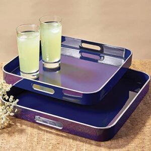 Trina Turk Set of 2 Navy Square Melamine Serving Tray with Silver Rim and Handles- Indoor & Outdoor Platter for Home Entertaining, Cocktail Hour, Snacks, Barware, Perfume (Large 14x14, Small 13x13)