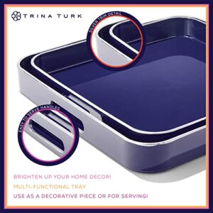 Trina Turk Set of 2 Navy Square Melamine Serving Tray with Silver Rim and Handles- Indoor & Outdoor Platter for Home Entertaining, Cocktail Hour, Snacks, Barware, Perfume (Large 14x14, Small 13x13)