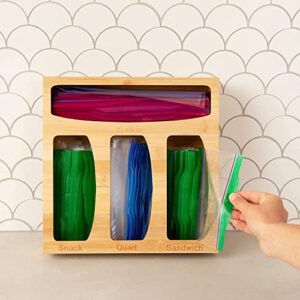 Bamboo Ziplock Bag Organizer, Wall Mounted Food Storage Bags Container for Kitchen Drawer, Baggie Storages Box - Compatible with Sandwich, Gallon, Quart and Snack (12 x 12 x 3 Inches)