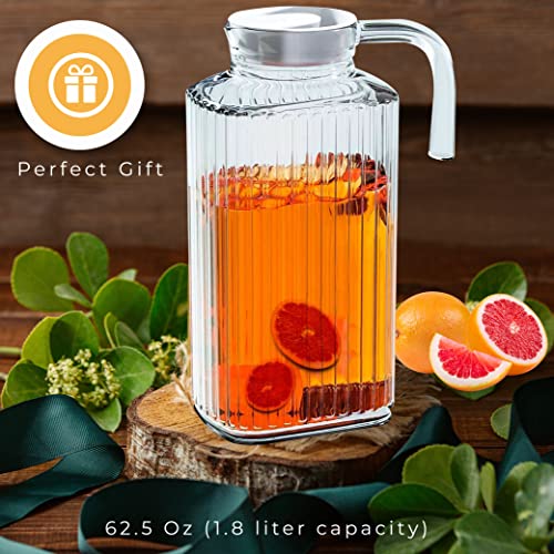 Xabono 1.8 L (62.5 oz) Glass Pitcher with Lid 2 Quart Pitcher with Lid Strong Glass Glass Pitcher Fridge Glass Water Pitcher Juice Sangria Ice Tea Glass Milk Bottle with Lid Glass Handle Glass Carafe