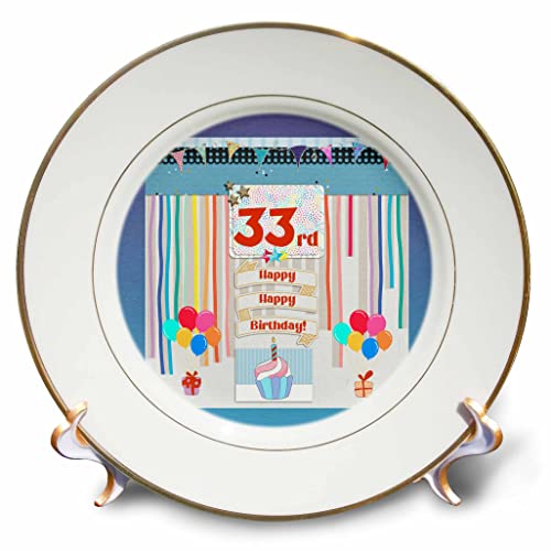 3dRose Image of 33rd Birthday Tag, Cupcake, Candle, Balloons, Gifts, Streamer - Plates (cp_359594_1)