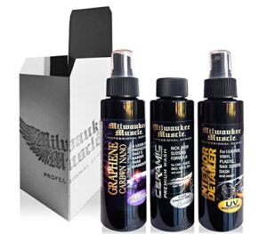 milwaukee muscle - 4oz graphene ceramic coating detail wax, wash & interior cleaner travel pack - the best protection against scratches, swirls, paint chips, no buff, 6 month protection, insane shine, & stronger than car wax - the perfect on-the-go cleani