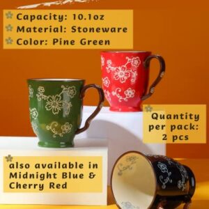 KUNABOO Artisanal Ceramic Mugs, Ceramic Coffee Cups, Coffee Mug Set of 2-11 oz -Sakura Floral Series Pine Green - Ready to Wrap Gift