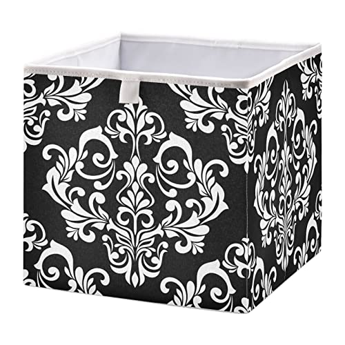 Kigai Storage Basket Black Damask Baroque Floral Foldable Storage Bin 15.8 x 10.6 x 7 Inches Cube Storage Baskets Box for Shelves Closet Laundry Nursery Bedroom Home Decor