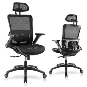 ergonomic office chair, high back mesh office chair with 4d adjustable flip-up armrest, swivel rolling computer desk chair with lumbar support and adjustable headrest, tilt function, black