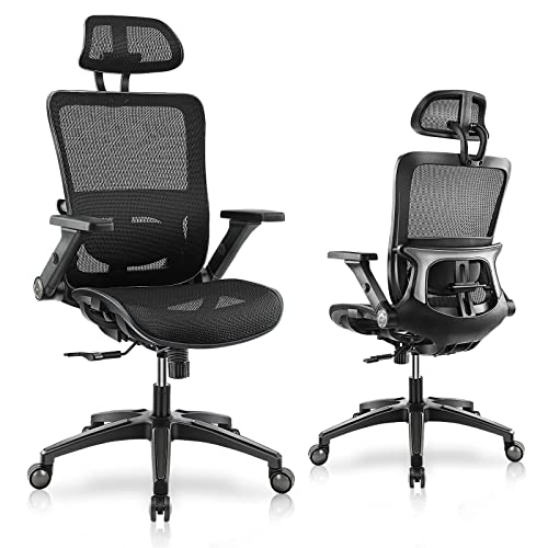 Ergonomic Office Chair, High Back Mesh Office Chair with 4D Adjustable Flip-Up Armrest, Swivel Rolling Computer Desk Chair with Lumbar Support and Adjustable Headrest, Tilt Function, Black