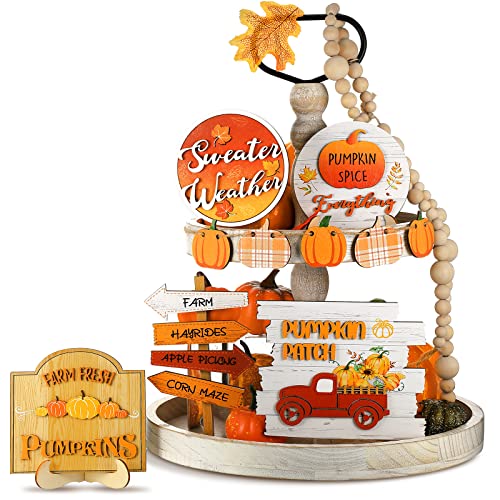 Thanksgiving Tiered Tray Decor Set Fall Tiered Tray Centerpiece Wooden Tabletop Signs Pumpkin Truck Spice Blocks Directional Sign Rustic Farmhouse Autumn Harvest Decorations (Pumpkin Style, 10 Pcs)