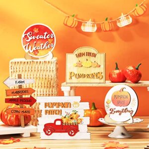 Thanksgiving Tiered Tray Decor Set Fall Tiered Tray Centerpiece Wooden Tabletop Signs Pumpkin Truck Spice Blocks Directional Sign Rustic Farmhouse Autumn Harvest Decorations (Pumpkin Style, 10 Pcs)