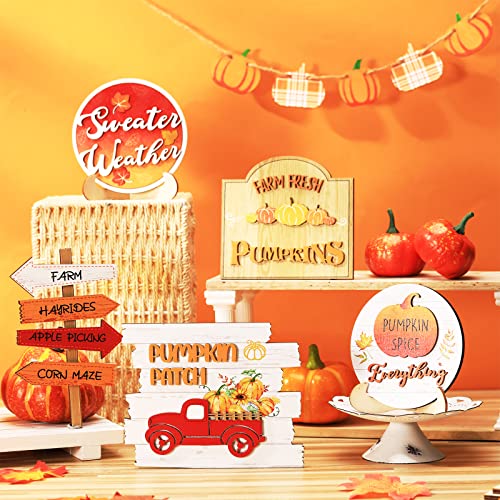 Thanksgiving Tiered Tray Decor Set Fall Tiered Tray Centerpiece Wooden Tabletop Signs Pumpkin Truck Spice Blocks Directional Sign Rustic Farmhouse Autumn Harvest Decorations (Pumpkin Style, 10 Pcs)