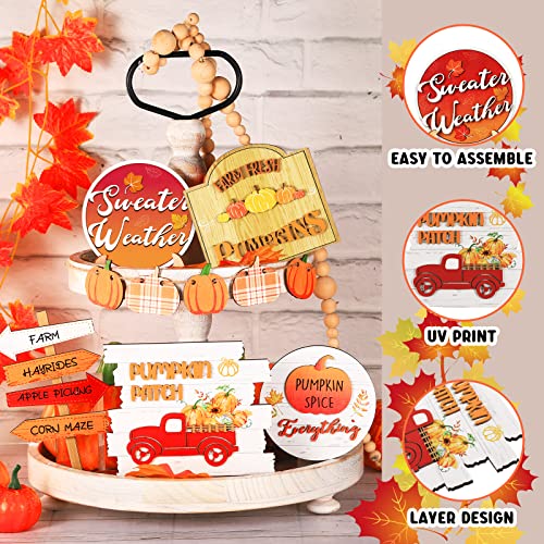 Thanksgiving Tiered Tray Decor Set Fall Tiered Tray Centerpiece Wooden Tabletop Signs Pumpkin Truck Spice Blocks Directional Sign Rustic Farmhouse Autumn Harvest Decorations (Pumpkin Style, 10 Pcs)