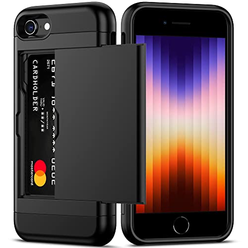 Nvollnoe for iPhone SE Case 2022/iPhone SE 2020/7/8 Case with Card Holder Heavy Duty Protective Dual Layer Shockproof Hidden Card Slot Slim Wallet Case for iPhone SE 3rd/2nd/7/8-4.7''(Black)