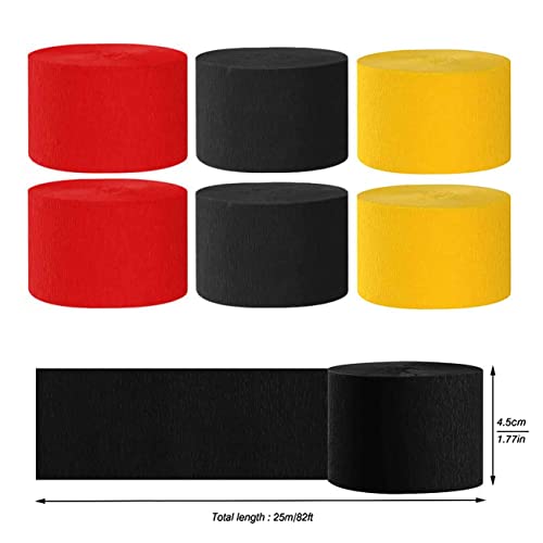 Black Red and Yellow Crepe Paper Streamers 1.8 Inch Widening 6 Rolls Party Streamer Festival Party Decorations,a roll of 25m/82ft Per Volume for Birthday Party,Wedding Decoration