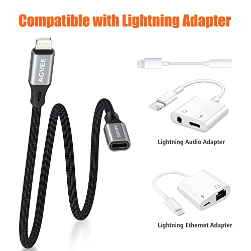 AGVEE 3.3ft Lightning Extension Cable, Braided Female to Male Extender Full Function Cord Compatible with iPhone iPad, Data Sync Video Audio & Charging Charger Connector Adapter, Dark Gray