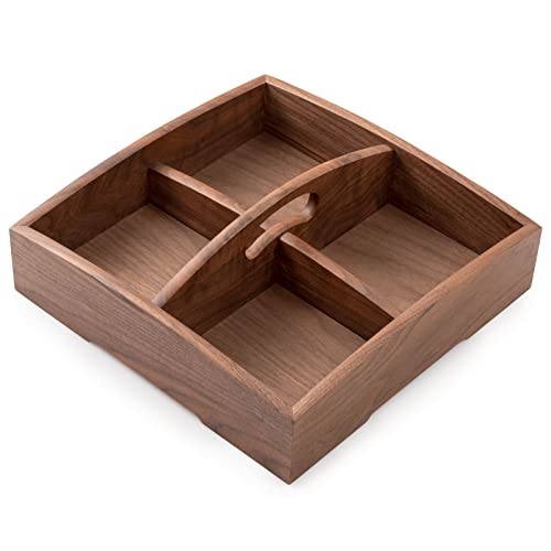 Insunen Walnut Wood Tray with Handle, Square Wooden Divided Serving Trays 4 Compartments, Nut Candy Snack Storage Organizer Trays, Coffee Table Tray, Ottoman Decorative Tray (10.6"x10.6"x3.15")