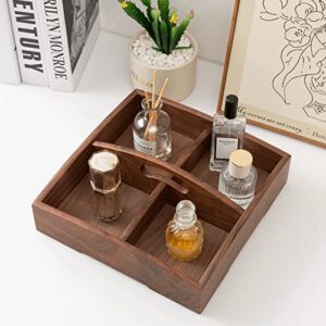 Insunen Walnut Wood Tray with Handle, Square Wooden Divided Serving Trays 4 Compartments, Nut Candy Snack Storage Organizer Trays, Coffee Table Tray, Ottoman Decorative Tray (10.6"x10.6"x3.15")