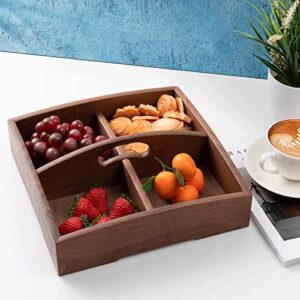 Insunen Walnut Wood Tray with Handle, Square Wooden Divided Serving Trays 4 Compartments, Nut Candy Snack Storage Organizer Trays, Coffee Table Tray, Ottoman Decorative Tray (10.6"x10.6"x3.15")