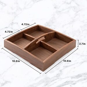 Insunen Walnut Wood Tray with Handle, Square Wooden Divided Serving Trays 4 Compartments, Nut Candy Snack Storage Organizer Trays, Coffee Table Tray, Ottoman Decorative Tray (10.6"x10.6"x3.15")