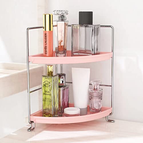 JANUS LiANG 2-Tier Bathroom Countertop Organizer Corner Perfume Shelf Stackable Cosmetic Storage Rack Vanity Tray (Pink & Silver)