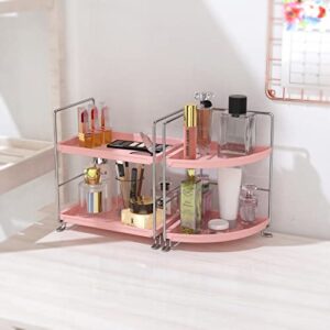 JANUS LiANG 2-Tier Bathroom Countertop Organizer Corner Perfume Shelf Stackable Cosmetic Storage Rack Vanity Tray (Pink & Silver)