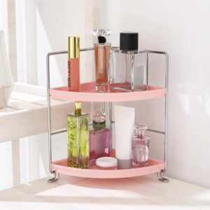 JANUS LiANG 2-Tier Bathroom Countertop Organizer Corner Perfume Shelf Stackable Cosmetic Storage Rack Vanity Tray (Pink & Silver)