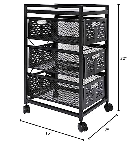 YSSOA Office Vertical File Cabinet with 3 Drawers, Mesh Storage Drawer Cart with Lock on Wheels, Printer Stand Filing Cabinet for A4, Letter Sized Document with Durable Steel Construction, Black