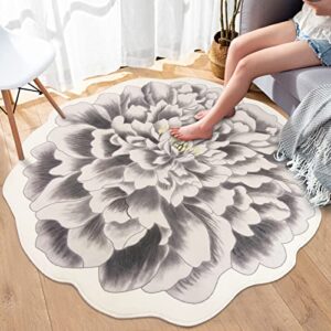 lacomfy modern rug 4ft flower rug circle bathroom rug floral bedroom carpet round rural accent rug soft peony flower farmhouse floor mat laundry mat for indoor home decor nonskid washable rug, grey