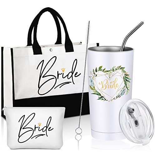 Coume 3 Pieces Bride Canvas Tote Bag with Makeup Bag Bride Tumbler Cup Stainless Steel Drink Cup Bride Wedding Gift Bag Bachelorette Gifts for Wedding Bride Engagement Honeymoon