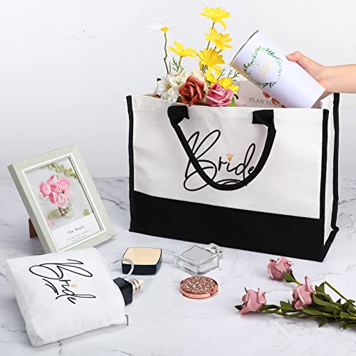 Coume 3 Pieces Bride Canvas Tote Bag with Makeup Bag Bride Tumbler Cup Stainless Steel Drink Cup Bride Wedding Gift Bag Bachelorette Gifts for Wedding Bride Engagement Honeymoon