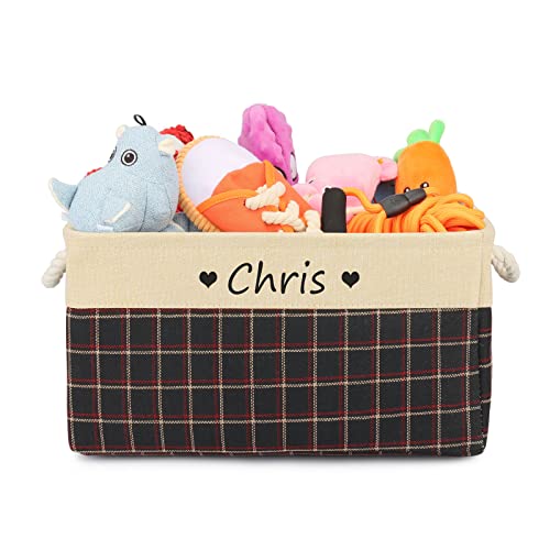 TONYFY Personalized Foldable Storage Basket, Plaid Customized Pet's Name Storage Box with Handles for Organizing Dog Toys, Clothing, Apparel & Accessories (Heart Black Beige-L)