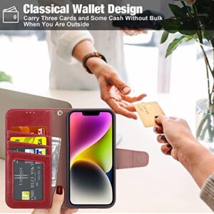 Arae Compatible with iPhone 14 Case Wallet Flip Cover with Card Holder and Wrist Strap for iPhone 14 6.1 inch-Wine Red