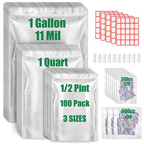 11 Mil 100 Mylar Bags for Food Storage with Oxygen Absorbers 500cc & 300cc, Mylar Bags 1 Gallon, 1 Quart, 1/2 Pint, Stand-Up Zipper Resealable Bags & Heat Sealable Food Storage Bags + Labels