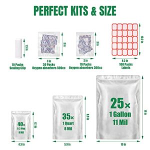 11 Mil 100 Mylar Bags for Food Storage with Oxygen Absorbers 500cc & 300cc, Mylar Bags 1 Gallon, 1 Quart, 1/2 Pint, Stand-Up Zipper Resealable Bags & Heat Sealable Food Storage Bags + Labels