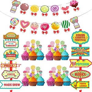 uomnicue 37pcs candyland party decorations set, candyland sign banner lollipop cupcake toppers for sweet candyland themed kids baby birthday party decoration christmas party supplies