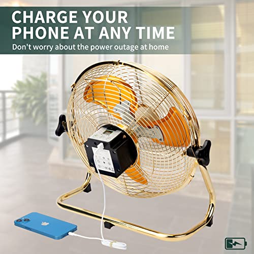 CYBERDAX 14 Inch Portable Golden All Metal Made Table Fan, Wireless Rechargeable Fan with Solar Panel Powered and AC Charger Dual Input for Indoor Housing, Office, Camping, Fishing Outdoors