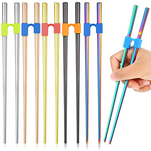 5 Pairs Reusable Chopstick Helpers Non Slippery Training Chopsticks for Adult Replaceable Practice Chopsticks Heat Resistant Chopsticks Holder with Clip for Trainer(Bright Colors,Stainless Steel)