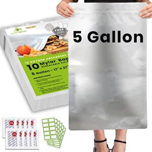 10pcs 5 Gallon Mylar Bags for Food Storage - 10 Mil Thick - Mylar Bags 5 Gallon with Oxygen Absorbers 2500cc - Ziplock Resealable Mylar Bags - Bolsas Mylar 5 Galones